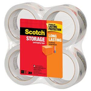 Scotch Long Lasting Storage Packaging Tape, 1.88" x 54.6 yd, Designed for Storage and Packing, Stays Sealed in Weather Extremes, 3" Core, Clear, 4 Rolls (3650-4)