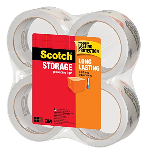 Scotch Long Lasting Storage Packaging Tape, 1.88" x 54.6 yd, Designed for Storage and Packing, Stays Sealed in Weather Extremes, 3" Core, Clear, 4 Rolls (3650-4)