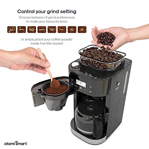 atomi smart Coffee Maker with Burr Grinder - WiFi, Voice-Activated, 8 Grind Settings, 12-Cup Glass Carafe, Reusable and Washable Filter, Compatible with Alexa and Google Assistant