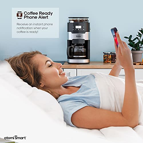 atomi smart Coffee Maker with Burr Grinder - WiFi, Voice-Activated, 8 Grind Settings, 12-Cup Glass Carafe, Reusable and Washable Filter, Compatible with Alexa and Google Assistant