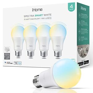 ihome spectra smart white lights, 1100 lumens 10w, 75w equivalent, a19 e26 tunable and dimmable wifi smart bulb, no hub required, works with alexa and google home, 4 pack