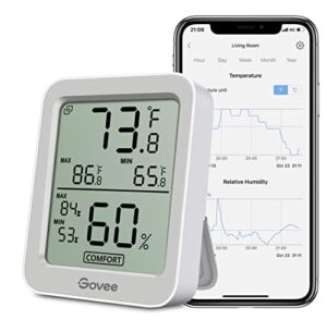 govee bluetooth digital hygrometer indoor thermometer, room humidity and temperature sensor gauge with remote app monitoring, large lcd display, notification alerts, 2 years data storage export, grey