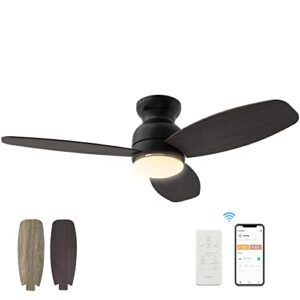 ceiling fan with lights, indoor & outdoor ceiling fan，48″ low profile dc smart ceiling fan works with alexa, siri, google home & smart app, 2 colors of reversible blades, dark walnut & light wood