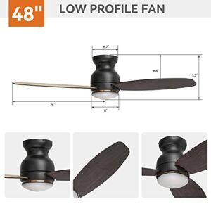 Ceiling Fan with Lights, Indoor & Outdoor Ceiling Fan，48" Low Profile DC Smart Ceiling Fan Works with Alexa, Siri, Google Home & Smart APP, 2 Colors of Reversible Blades, Dark Walnut & Light Wood