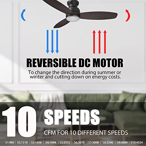 Ceiling Fan with Lights, Indoor & Outdoor Ceiling Fan，48" Low Profile DC Smart Ceiling Fan Works with Alexa, Siri, Google Home & Smart APP, 2 Colors of Reversible Blades, Dark Walnut & Light Wood