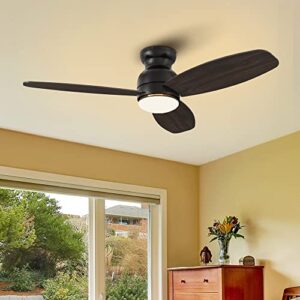 Ceiling Fan with Lights, Indoor & Outdoor Ceiling Fan，48" Low Profile DC Smart Ceiling Fan Works with Alexa, Siri, Google Home & Smart APP, 2 Colors of Reversible Blades, Dark Walnut & Light Wood