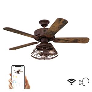 westinghouse lighting 74001b00 vintage-style barnett, smart wifi ceiling fan compatible with amazon alexa and google home with led light, remote control, 48 inch, barnwood finish, cage shade