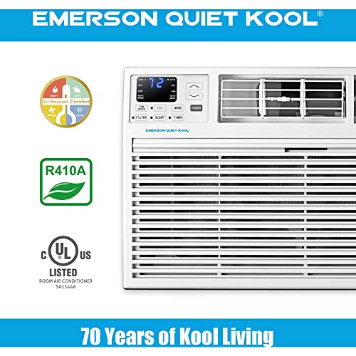 Emerson Quiet Kool 12,000 BTU 230V Through-The-Wall Air Conditioner with Remote Control | 4-in-1 AC, Heater, Dehumidifer, Fan | for Rooms up to 550 Sq.Ft. | 24H Timer | EATE12RD2T, 12000, White