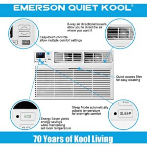 Emerson Quiet Kool 12,000 BTU 230V Through-The-Wall Air Conditioner with Remote Control | 4-in-1 AC, Heater, Dehumidifer, Fan | for Rooms up to 550 Sq.Ft. | 24H Timer | EATE12RD2T, 12000, White