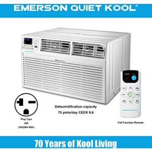 Emerson Quiet Kool 12,000 BTU 230V Through-The-Wall Air Conditioner with Remote Control | 4-in-1 AC, Heater, Dehumidifer, Fan | for Rooms up to 550 Sq.Ft. | 24H Timer | EATE12RD2T, 12000, White