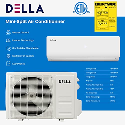 DELLA 12000 BTU Mini Split Air Conditioner & Heater Ductless Inverter System, 19 SEER 208-230V, 8 HSPF, with 1 Ton Heat Pump, Cools Up to 750 Sq. Ft. Full installation 16.4 ft kit included