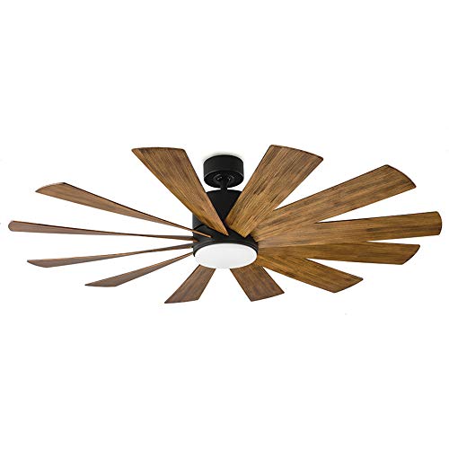 Windflower Smart Indoor and Outdoor 12-Blade Ceiling Fan 60in Matte Black Distressed Koa with 3000K LED Light Kit and Wall Control works with Alexa, Google Assistant, Samsung Things, and iOS or Android App