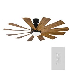 Windflower Smart Indoor and Outdoor 12-Blade Ceiling Fan 60in Matte Black Distressed Koa with 3000K LED Light Kit and Wall Control works with Alexa, Google Assistant, Samsung Things, and iOS or Android App