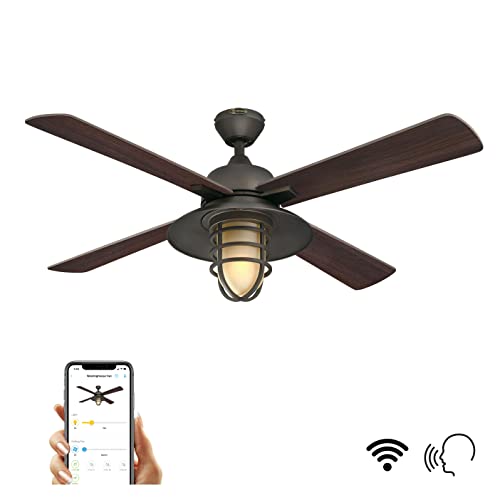 Westinghouse Lighting 74005B00 Porto, Smart WiFi Ceiling Fan Compatible with Amazon Alexa and Google Home with LED Light, Remote Control, 52 Inch, Black-Bronze Finish, Amber Frosted Glass