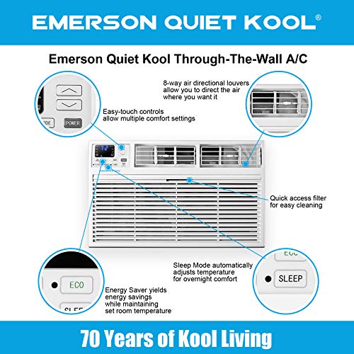 Emerson Quiet Kool 8,000 BTU 115V Smart Through-The-Wall Air Conditioner with Remote, Wi-Fi, and Voice Control | Energy Star | Cools Rooms up to 350 Sq.Ft. | 24H Timer | EATC08RSE1T, 8000 WiFi, White