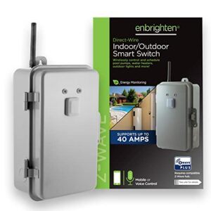 enbrighten z-wave plus 40-amp indoor/outdoor metal box smart switch, direct wire, 120-277vac, for pools, pumps, patio lights, ac units, electric water heaters, 14285, gray