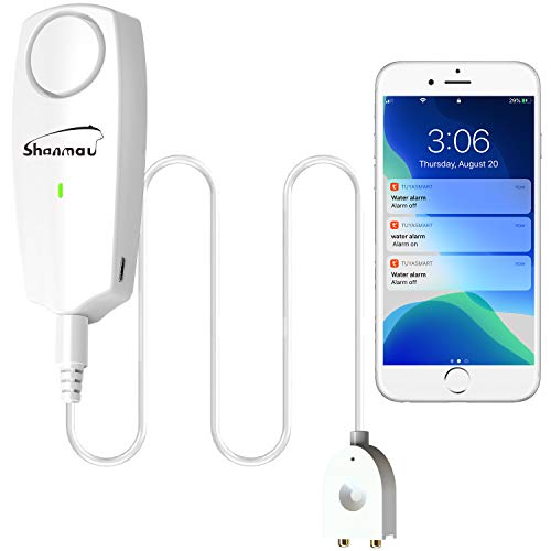 WiFi Water Sensor 100dB Alarm, Smart Water Leak Detector, Tuya APP Free Remote Monitoring of Leakage, 5.9FT Detection Line, Mute / 6 Ringtones Adjustable, Can Open SMS and Phone Notification Function