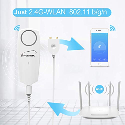 WiFi Water Sensor 100dB Alarm, Smart Water Leak Detector, Tuya APP Free Remote Monitoring of Leakage, 5.9FT Detection Line, Mute / 6 Ringtones Adjustable, Can Open SMS and Phone Notification Function