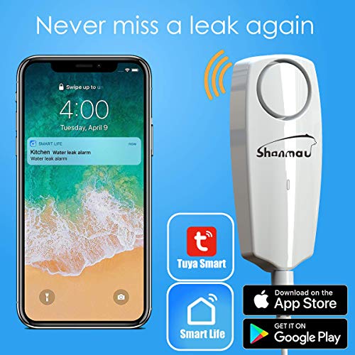 WiFi Water Sensor 100dB Alarm, Smart Water Leak Detector, Tuya APP Free Remote Monitoring of Leakage, 5.9FT Detection Line, Mute / 6 Ringtones Adjustable, Can Open SMS and Phone Notification Function