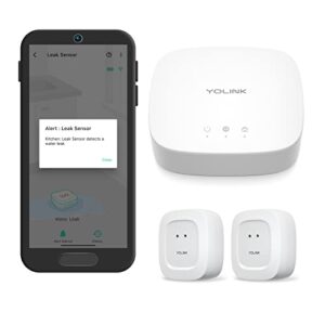 smart leak sensors 2 pack, yolink 1/4 mile world’s longest range wireless smart water leak sensor compatible with alexa and ifttt leak detector with app alerts and remote monitor, yolink hub included