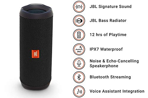 JBL Flip 4, Black - Waterproof, Portable & Durable Bluetooth Speaker - Up to 12 Hours of Wireless Streaming - Includes Noise-Cancelling Speakerphone, Voice Assistant & JBL Connect+