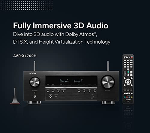 Denon AVR-X1700H 7.2 Channel AV Receiver - 80W/Channel (2021 Model), Advanced 8K HDMI Video w/ eARC, Full 3D Audio - Dolby Atmos, DTS:X, Wireless Streaming, Built-in HEOS, Amazon Alexa Voice Control