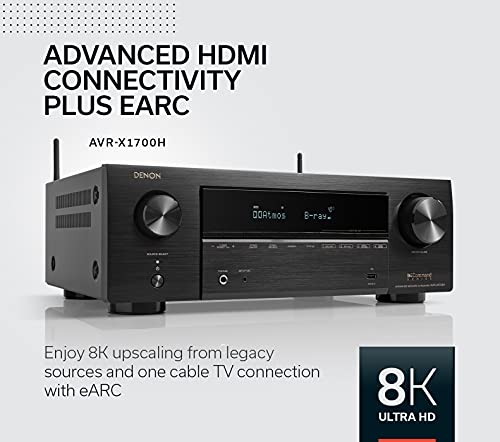 Denon AVR-X1700H 7.2 Channel AV Receiver - 80W/Channel (2021 Model), Advanced 8K HDMI Video w/ eARC, Full 3D Audio - Dolby Atmos, DTS:X, Wireless Streaming, Built-in HEOS, Amazon Alexa Voice Control