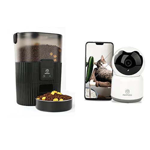 PAPIFEED Automatic Cat Feeder(2.4Ghz WiFi APP Control 360° Visualized Transparent Food Tank ) & Pet Camera Indoor Security Cam(2.4/5Ghz WiFi Phone App Two-Way Audio Night Vision Motion Detection)