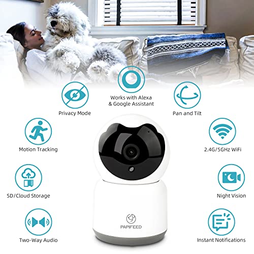 PAPIFEED Automatic Cat Feeder(2.4Ghz WiFi APP Control 360° Visualized Transparent Food Tank ) & Pet Camera Indoor Security Cam(2.4/5Ghz WiFi Phone App Two-Way Audio Night Vision Motion Detection)