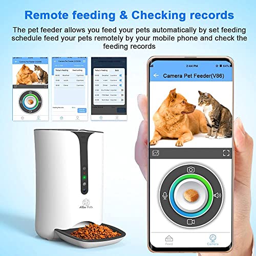 Alla Pets WiFi/HD Video Automatic Cats and Dogs Feeder w/ Camera, 6L Auto Pet Dry Food Dispenser 1~39 Portions Meal for Small and Large Pets, Remote APP Control Feeding Schedule, Infrared, White