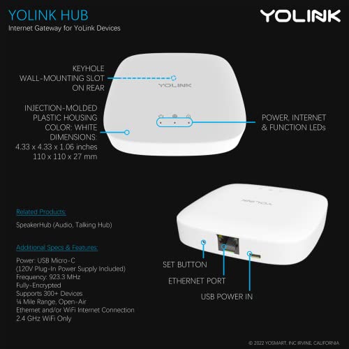 YoLink Hub - Central Controller Only for YoLink Devices, 1/4 Mile World's Longest Range Smart Hub LoRa Enabled Smart Home Automation Hub Smart Home Security Monitoring Gateway