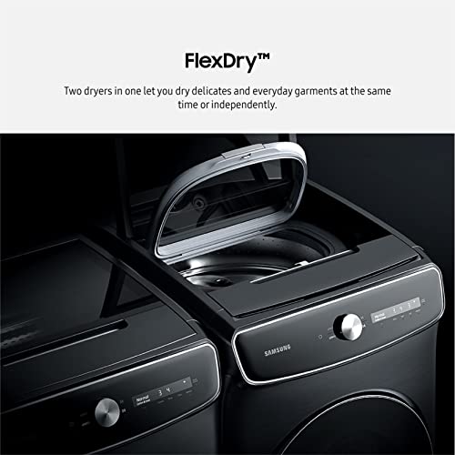 SAMSUNG 7.5 Cu. Ft. Smart Dial Electric Dryer with FlexDry, Dry 2 Loads in 1 Large Capacity Machine, Super Speed 30 Minute Clothes Drying Cycle, WiFi Connected Control, DVE60A9900V/A3, Brushed Black