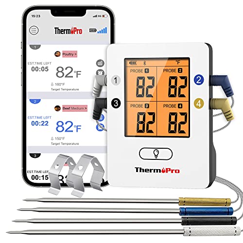 ThermoPro TP25 500ft Wireless Bluetooth Meat Thermometer with 4 Temperature Probes Smart Digital Cooking BBQ Thermometer for Grilling Oven Food Smoker Thermometer, Rechargeable