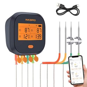 inkbird wifi grill meat thermometer ibbq-4t with 4 colored probes, wireless barbecue meat thermometer with calibration, timer, high and low temperature alarm for smoker, oven, kitchen, drum