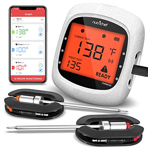 NutriChef Bluetooth Meat Thermometer for Grilling and Smoking - Wifi Grill Thermometer for Outside BBQ and Smoker Oven - 6 Temperature Probes and Smart APP and 400 Ft Range