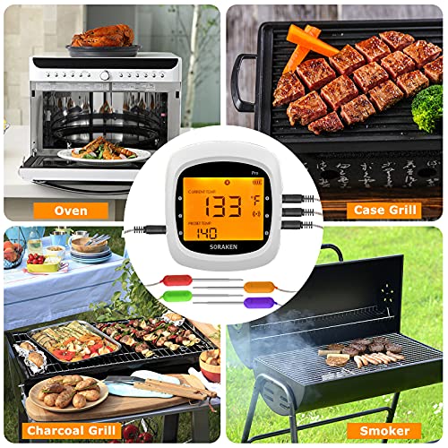 Wireless Meat Thermometer with 4 Probes Digital Grill Thermometer, Bluetooth Grill BBQ Meat Thermometer Kitchen Meat (White)