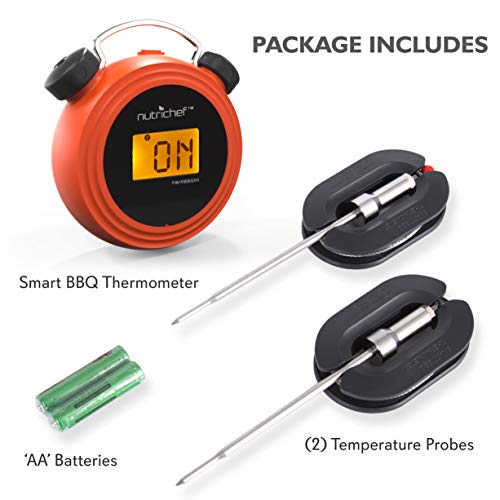 Smart Bluetooth BBQ Grill Thermometer - Digital Display, Stainless Dual Probes Safe to Leave in Outdoor Barbecue Meat Smoker - Wireless Remote Alert iOS Android Phone WiFi App - NutriChef PWIRBBQ60