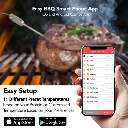 Smart Bluetooth BBQ Grill Thermometer - Digital Display, Stainless Dual Probes Safe to Leave in Outdoor Barbecue Meat Smoker - Wireless Remote Alert iOS Android Phone WiFi App - NutriChef PWIRBBQ60