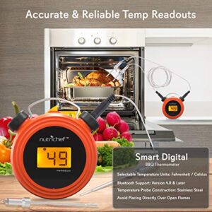 Smart Bluetooth BBQ Grill Thermometer - Digital Display, Stainless Dual Probes Safe to Leave in Outdoor Barbecue Meat Smoker - Wireless Remote Alert iOS Android Phone WiFi App - NutriChef PWIRBBQ60