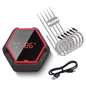 inkbird grill bluetooth bbq thermometer wireless ibt-6xs, 6 probes digital smoker grill thermometer for cooking,150ft bluetooth meat thermometer, magnet, timer, alarm for kitchen, food (red)