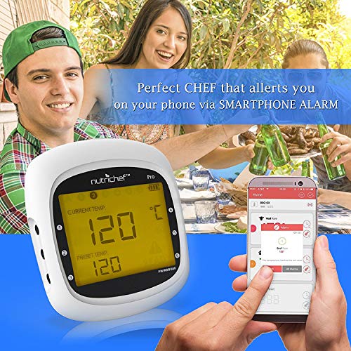 Wireless Bluetooth BBQ Digital Thermometer - Upgraded Stainless Smart Dual Grill Probes w/ Remote Alert, Safe to Use in Outdoor Barbecue Meat Smoker, Works w/ iOS Android Phone - NutriChef