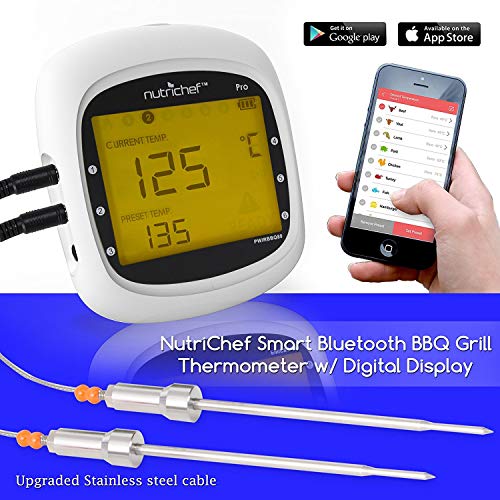 Wireless Bluetooth BBQ Digital Thermometer - Upgraded Stainless Smart Dual Grill Probes w/ Remote Alert, Safe to Use in Outdoor Barbecue Meat Smoker, Works w/ iOS Android Phone - NutriChef