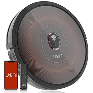 uoni s1 robot vacuum cleaner, works with alexa, quiet, super-thin, 2000pa strong suction, wi-fi connected, self charging robotic vacuum cleaner, ideal for pet hair, hard floors and carpets(black)