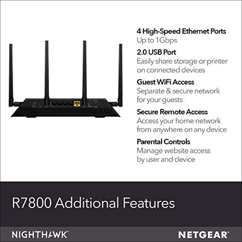 NETGEAR Nighthawk X4S Smart WiFi Router (R7800) - AC2600 Wireless Speed (up to 2600 Mbps) | Up to 2500 sq ft Coverage & 45 Devices | 4 x 1G Ethernet, 2 x 3.0 USB, and 1 x eSATA ports