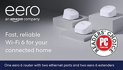 Amazon eero 6 mesh Wi-Fi system | Supports speeds up to 500 mbps | Connect to Alexa | Coverage up to 4,500 sq. ft. | 3-pack, one router + two extenders, 2020 release