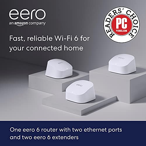 Amazon eero 6 mesh Wi-Fi system | Supports speeds up to 500 mbps | Connect to Alexa | Coverage up to 4,500 sq. ft. | 3-pack, one router + two extenders, 2020 release