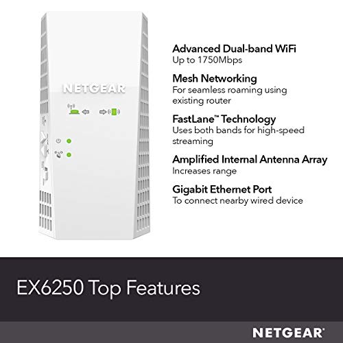 NETGEAR WiFi Mesh Range Extender EX6250 - Coverage up to 2000 sq.ft. and 32 devices with AC1750 Dual Band Wireless Signal Booster & Repeater (up to 1750Mbps speed), plus Mesh Smart Roaming