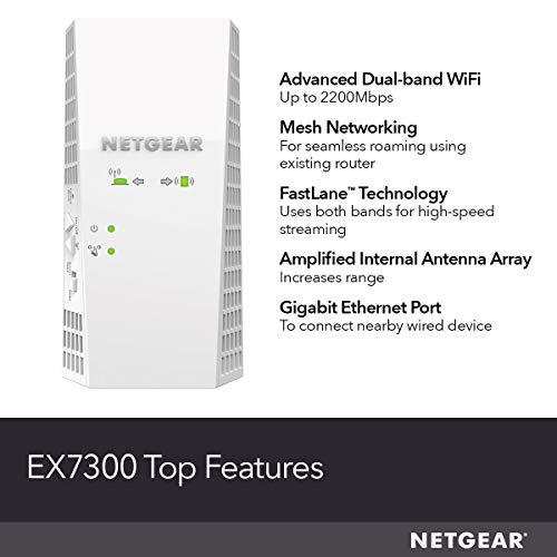 NETGEAR WiFi Mesh Range Extender EX7300 - Coverage up to 2300 sq.ft. and 40 devices with AC2200 Dual Band Wireless Signal Booster & Repeater (up to 2200Mbps speed), plus Mesh Smart Roaming