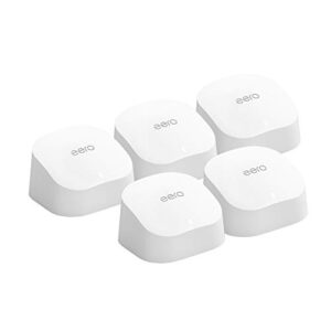 amazon eero 6 dual-band mesh wi-fi 6 system with built-in zigbee smart home hub (5-pack, three routers and two extenders)