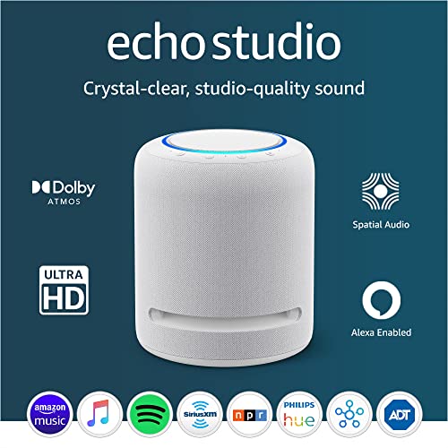 Echo Studio | Our best-sounding smart speaker ever - With Dolby Atmos, spatial audio processing technology, and Alexa | Glacier White